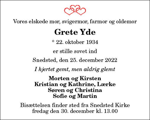 Dødsannonce for Grete Yde | Nordjyske.dk