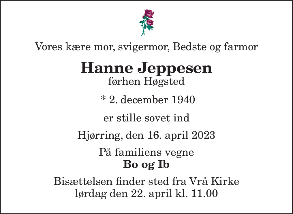 Dødsannonce for Hanne Jeppesen | Nordjyske.dk