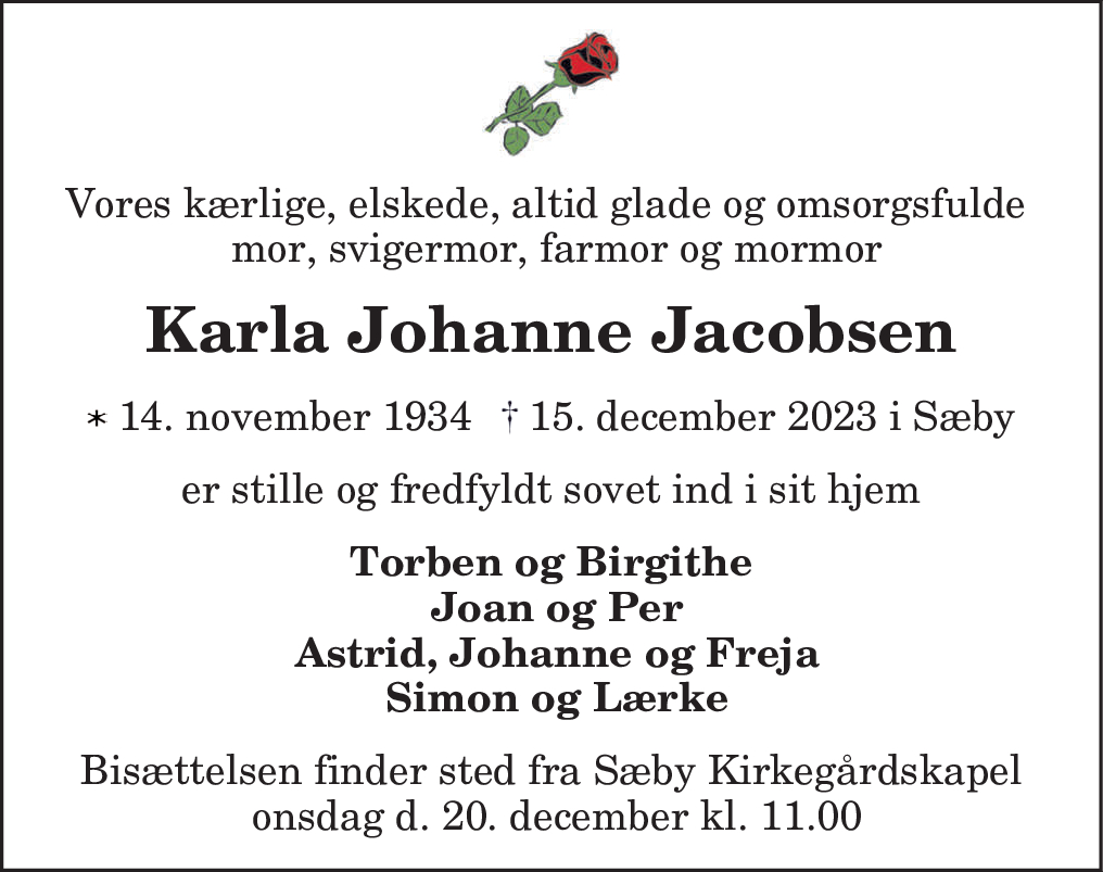 Dødsannonce for Karla Johanne Jacobsen | Nordjyske.dk