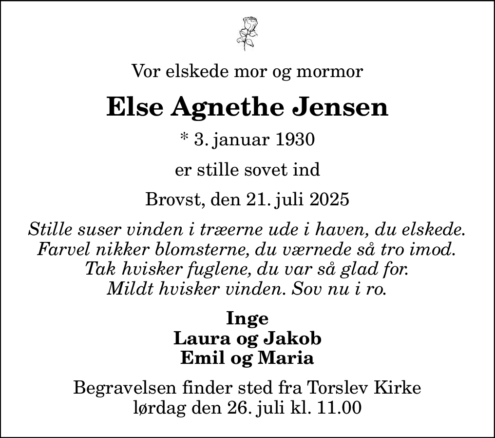 Dødsannonce for Else Agnethe Jensen | Nordjyske.dk
