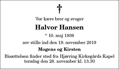 Dødsannonce for Halvor Hansen | Nordjyske.dk