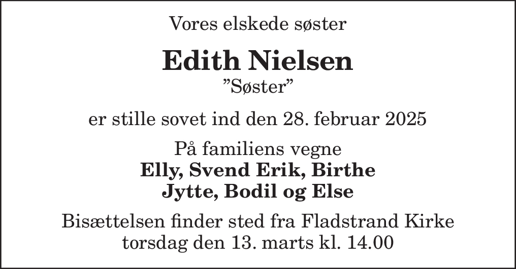 Dødsannonce for Edith Nielsen | Nordjyske.dk