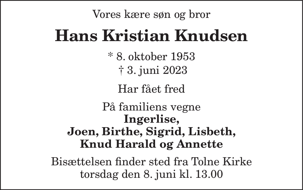 Dødsannonce for Hans Kristian Knudsen | Nordjyske.dk