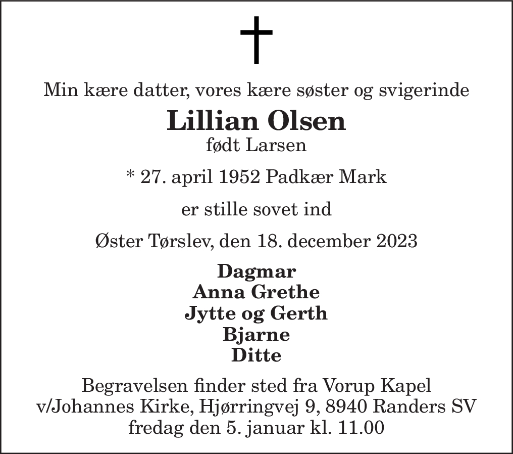 Dødsannonce for Lillian Olsen | Nordjyske.dk
