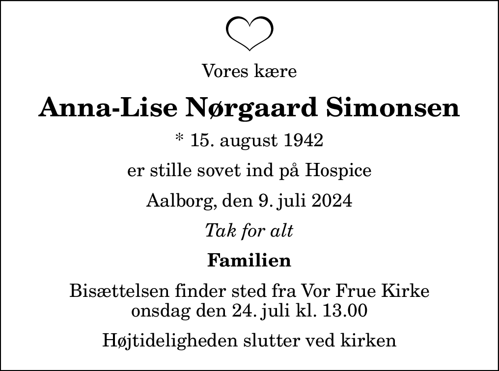 Dødsannonce for Anna-Lise Nørgaard Simonsen | Nordjyske.dk