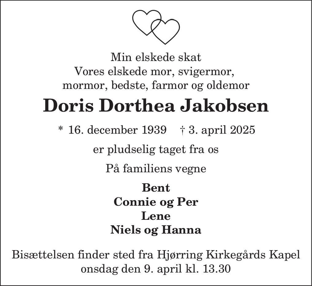 Dødsannonce for Doris Dorthea Jakobsen | Nordjyske.dk