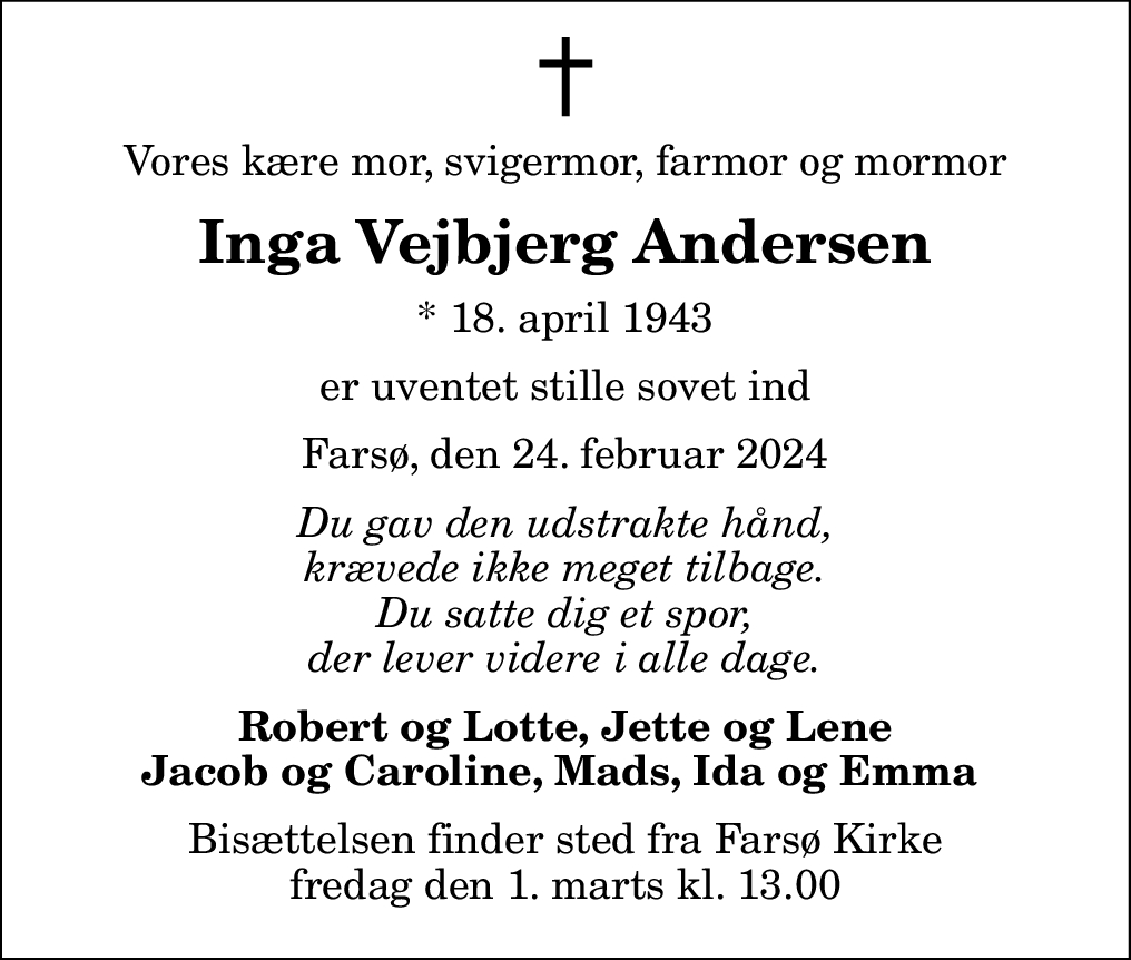 Dødsannonce for Inga Vejbjerg Andersen | Nordjyske.dk