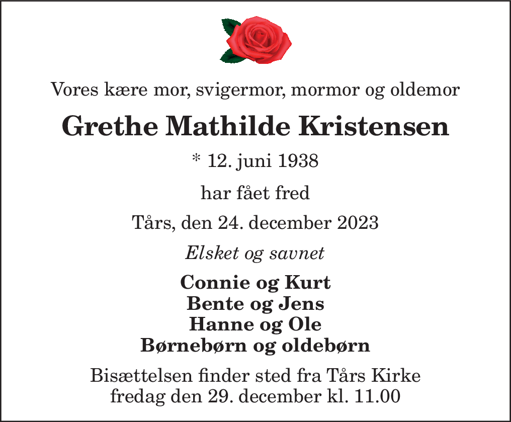 Dødsannonce for Grethe Mathilde Kristensen | Nordjyske.dk