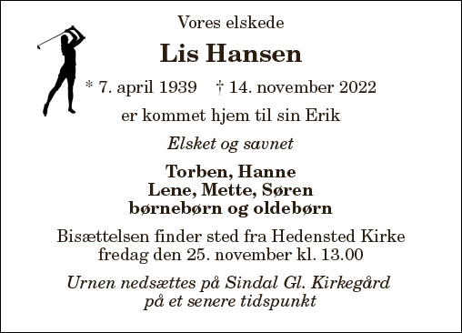 Dødsannonce for Lis Birgit Hansen | Nordjyske.dk