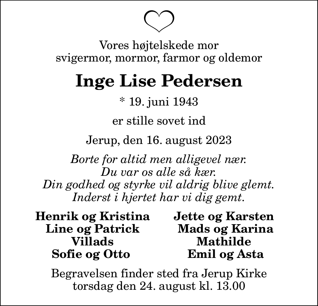 Dødsannonce for Inge Lise Pedersen | Nordjyske.dk