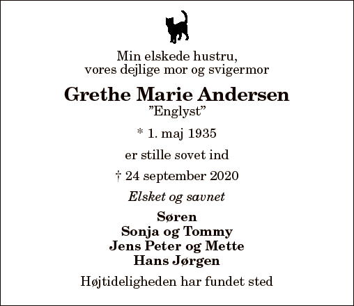 Dødsannonce for Grethe Marie Andersen | Nordjyske.dk