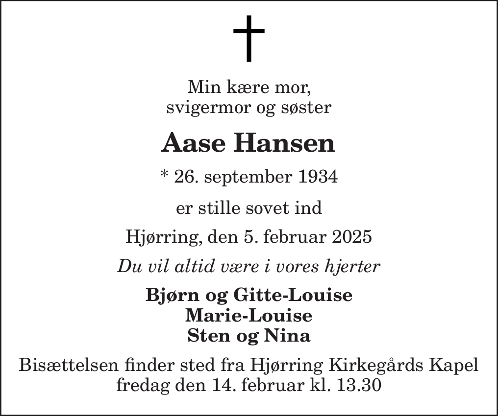 Dødsannonce for Aase Hansen | Nordjyske.dk