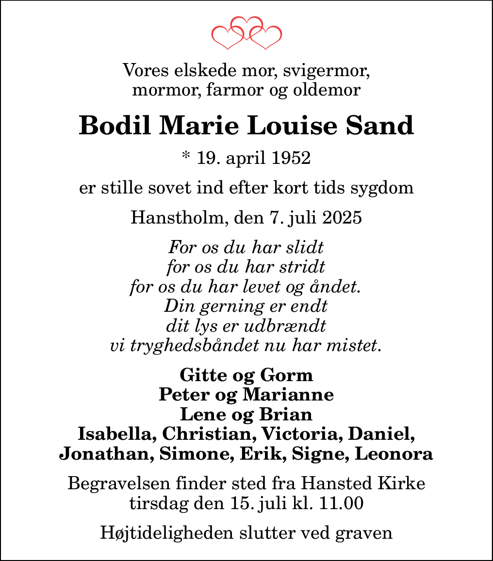 Dødsannonce for Bodil Marie Louise Sand | Nordjyske.dk