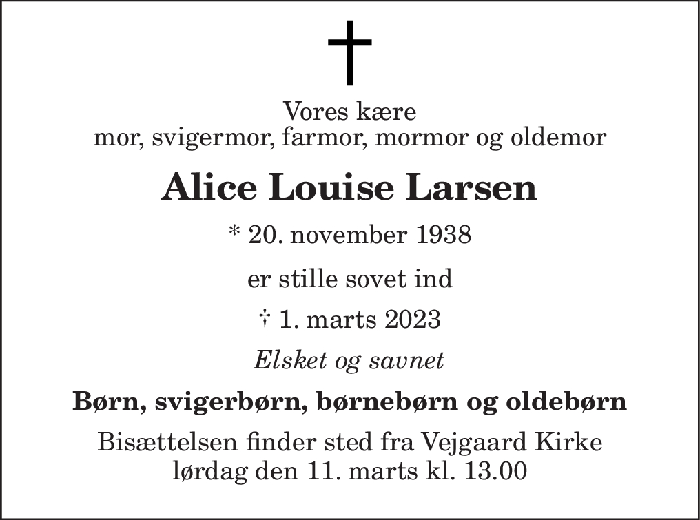 Dødsannonce for Alice Louise Larsen | Nordjyske.dk