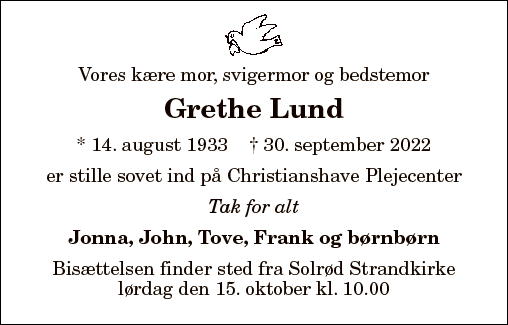 Dødsannonce for Grethe Lund | Nordjyske.dk