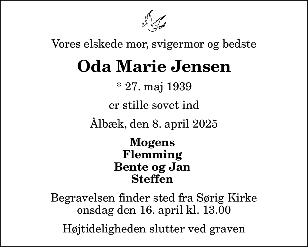 Dødsannonce for Oda Marie Jensen | Nordjyske.dk