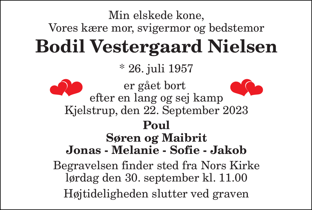 Dødsannonce for Bodil Vestergaard Nielsen | Nordjyske.dk