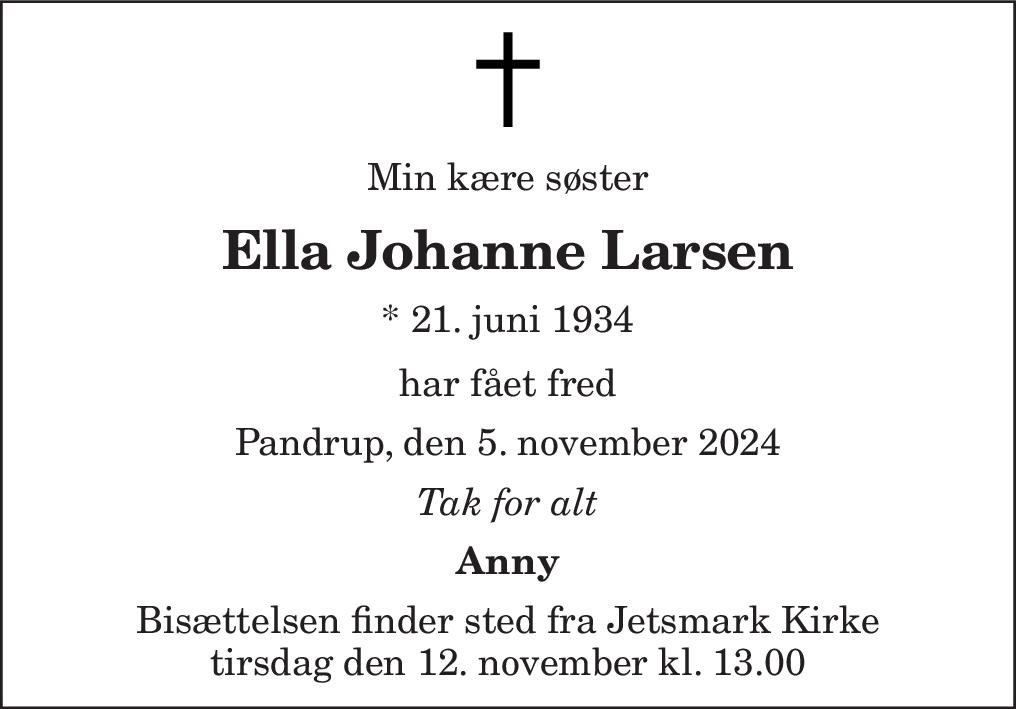 Dødsannonce for Ella Johanne Larsen | Nordjyske.dk