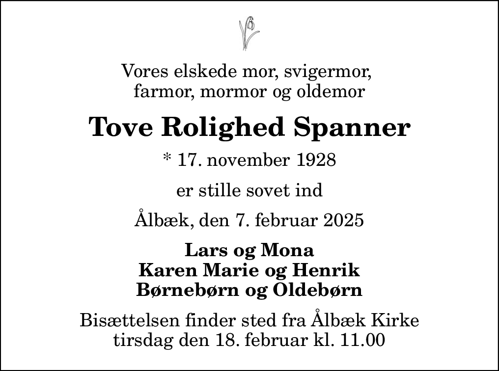 Dødsannonce for Tove Rolighed Spanner | Nordjyske.dk