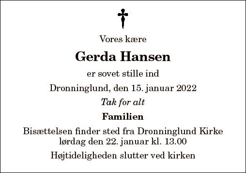 Dødsannonce for Gerda Hansen | Nordjyske.dk