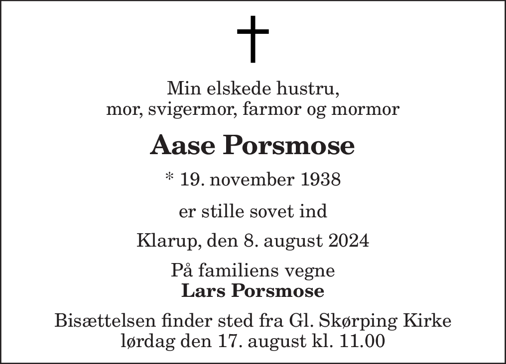 Dødsannonce for Aase Porsmose | Nordjyske.dk