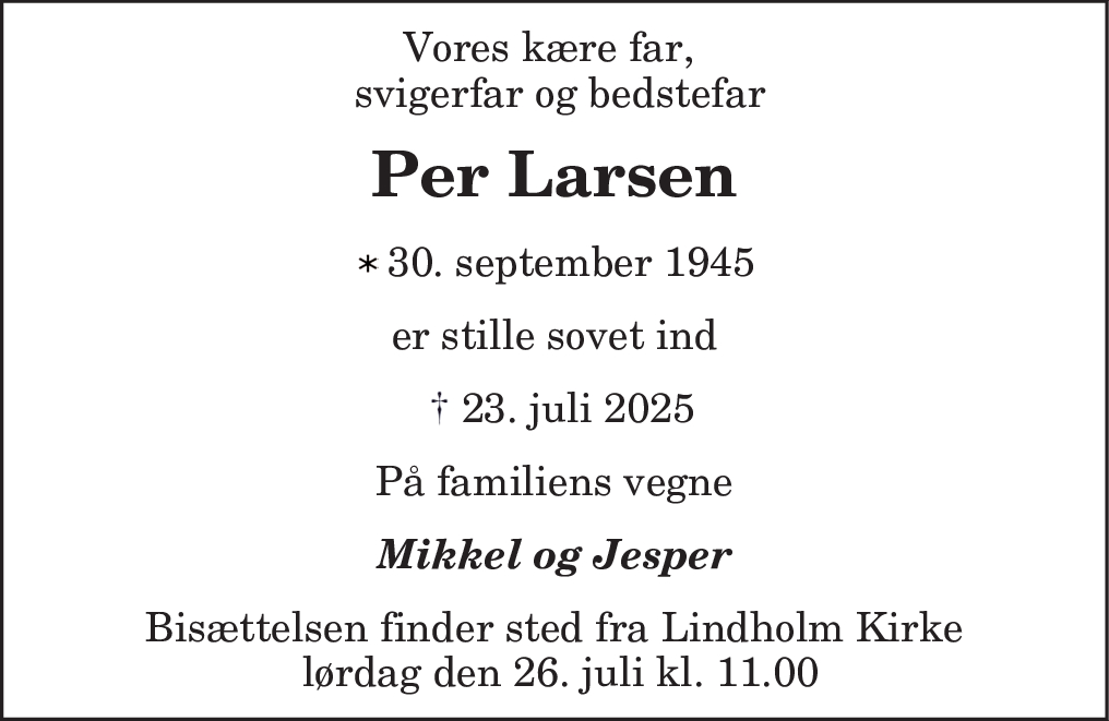 Dødsannonce for Per Larsen | Nordjyske.dk