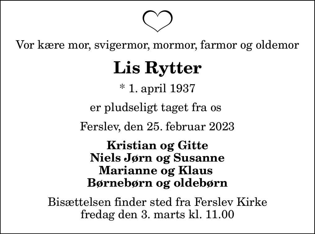 Dødsannonce for Lis Rytter | Nordjyske.dk