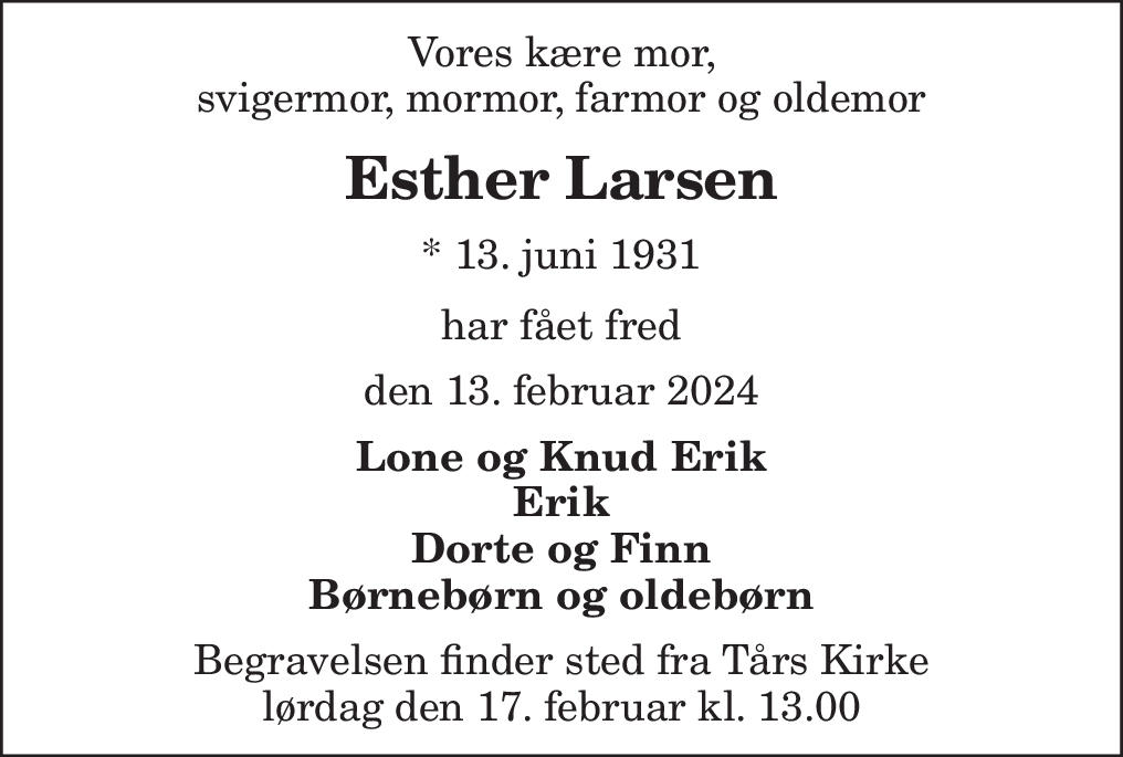 Dødsannonce for Esther Larsen | Nordjyske.dk