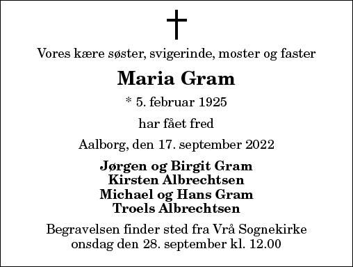 Dødsannonce for Maria Gram | Nordjyske.dk