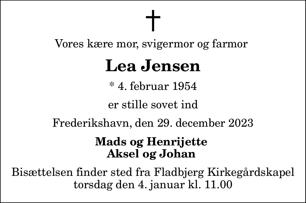 Dødsannonce for Lea Elisabeth Jensen | Nordjyske.dk Dødsannonce for Lea Elisabeth Jensen | Nordjyske.dk
