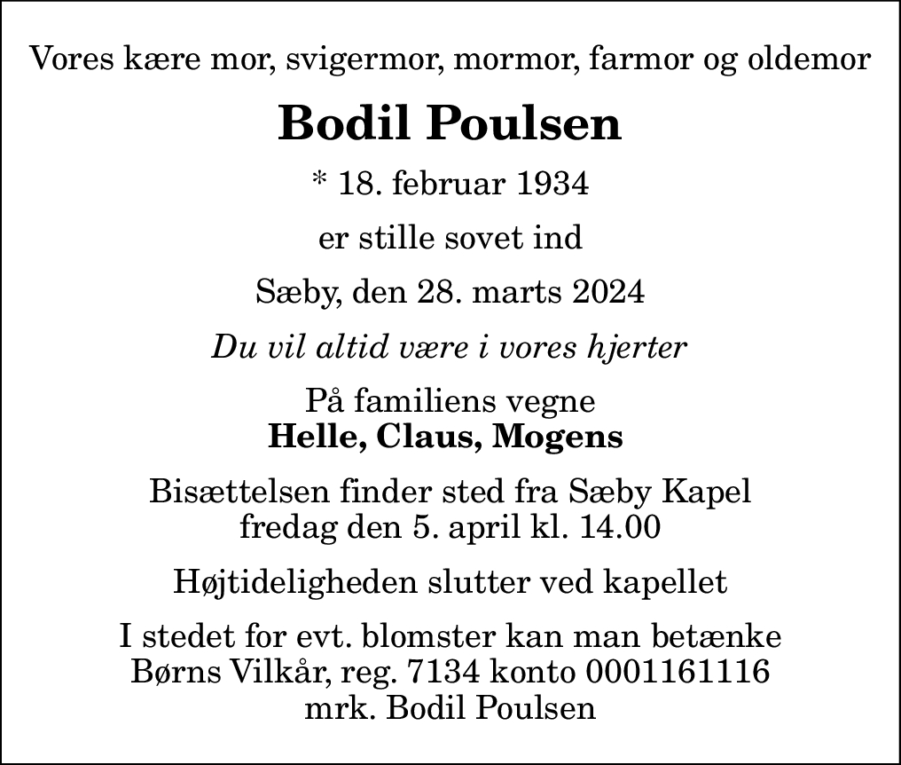 Dødsannonce for Bodil Poulsen | Nordjyske.dk