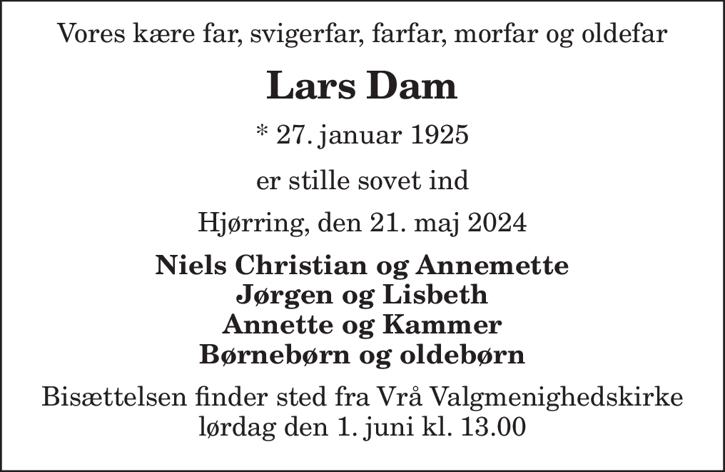 Dødsannonce for Lars Dam | Nordjyske.dk