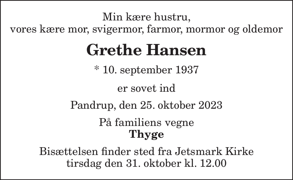 Dødsannonce for Grethe Hansen | Nordjyske.dk