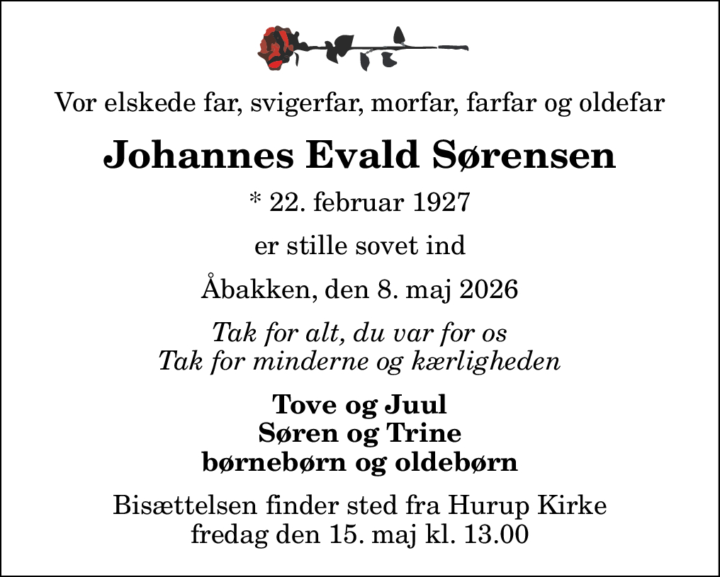Dødsannonce for Johannes Evald Sørensen | Nordjyske.dk