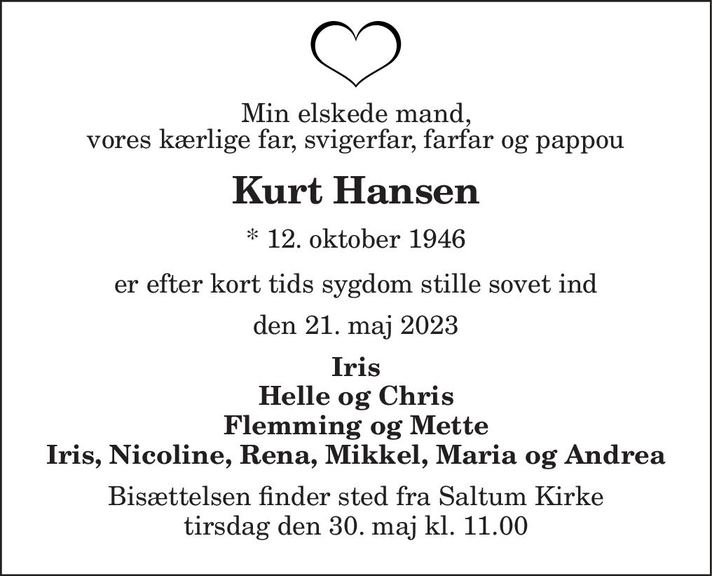 Dødsannonce for Kurt Hansen | Nordjyske.dk