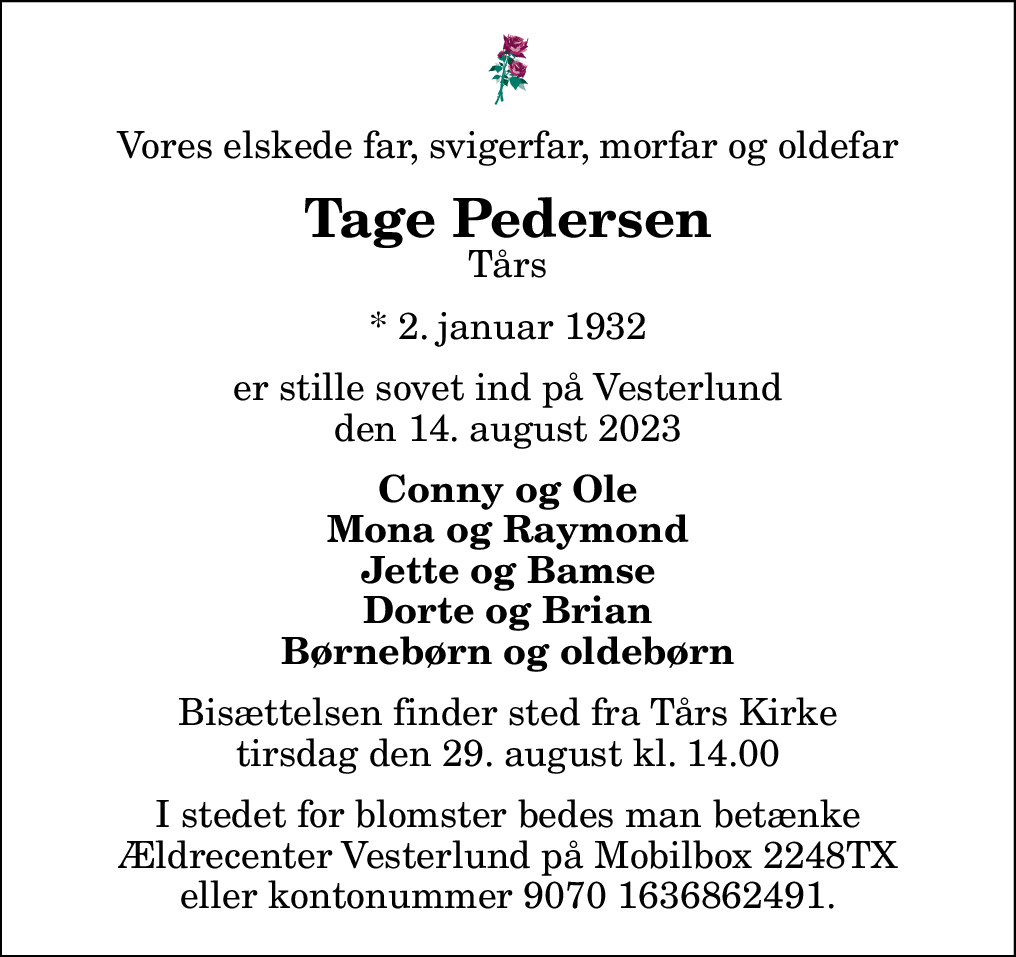 Dødsannonce for Tage Pedersen | Nordjyske.dk