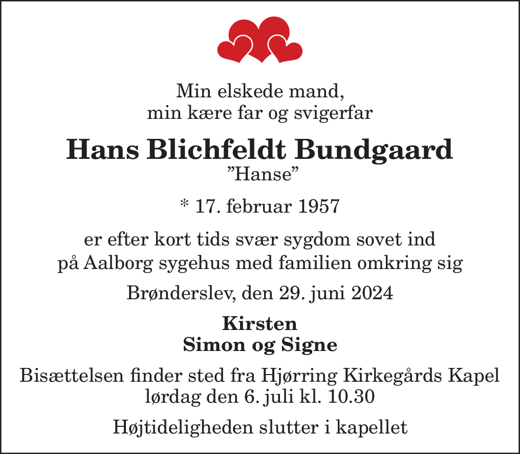 Dødsannonce for Hans Blichfeldt Bundgaard | Nordjyske.dk