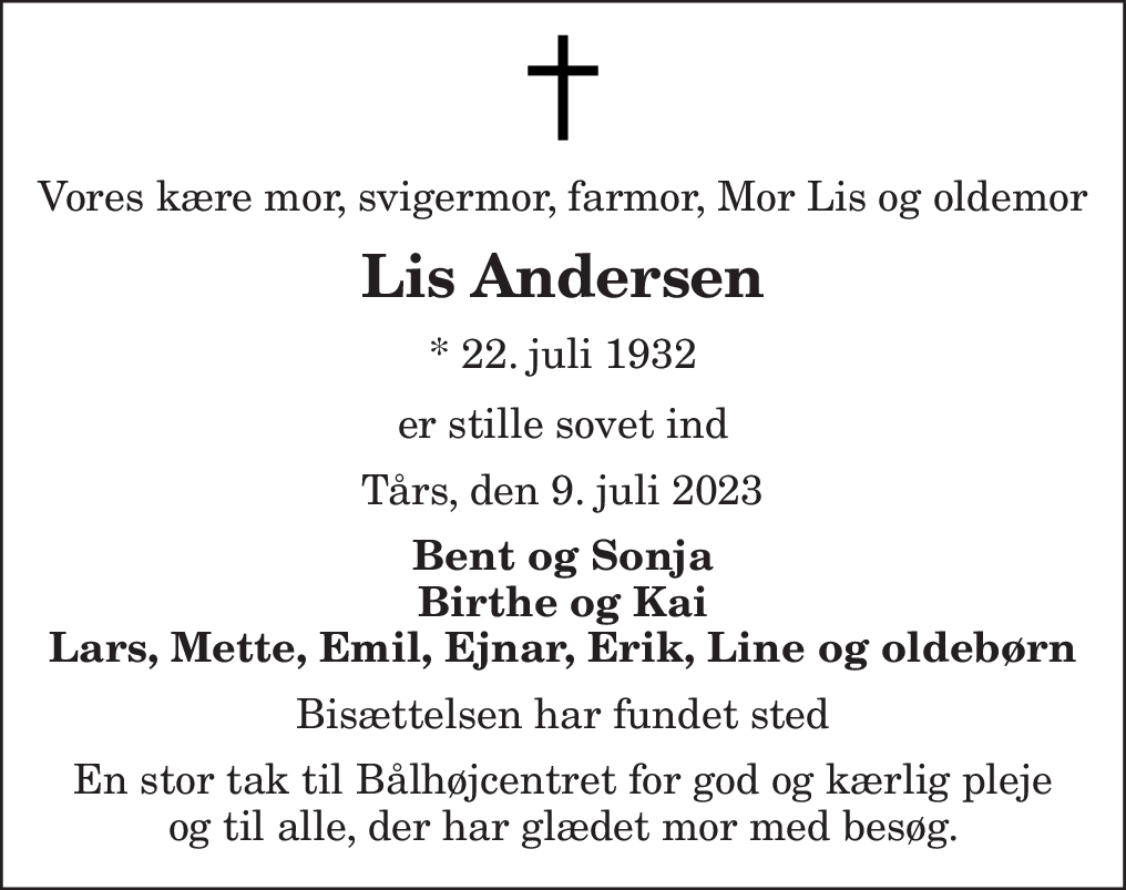 Dødsannonce for Lis Andersen | Nordjyske.dk