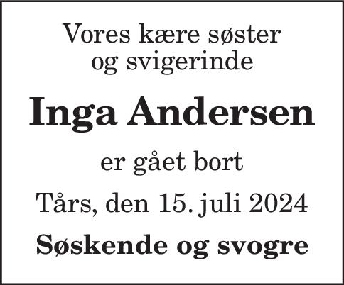 Dødsannonce for Inga Andersen | Nordjyske.dk