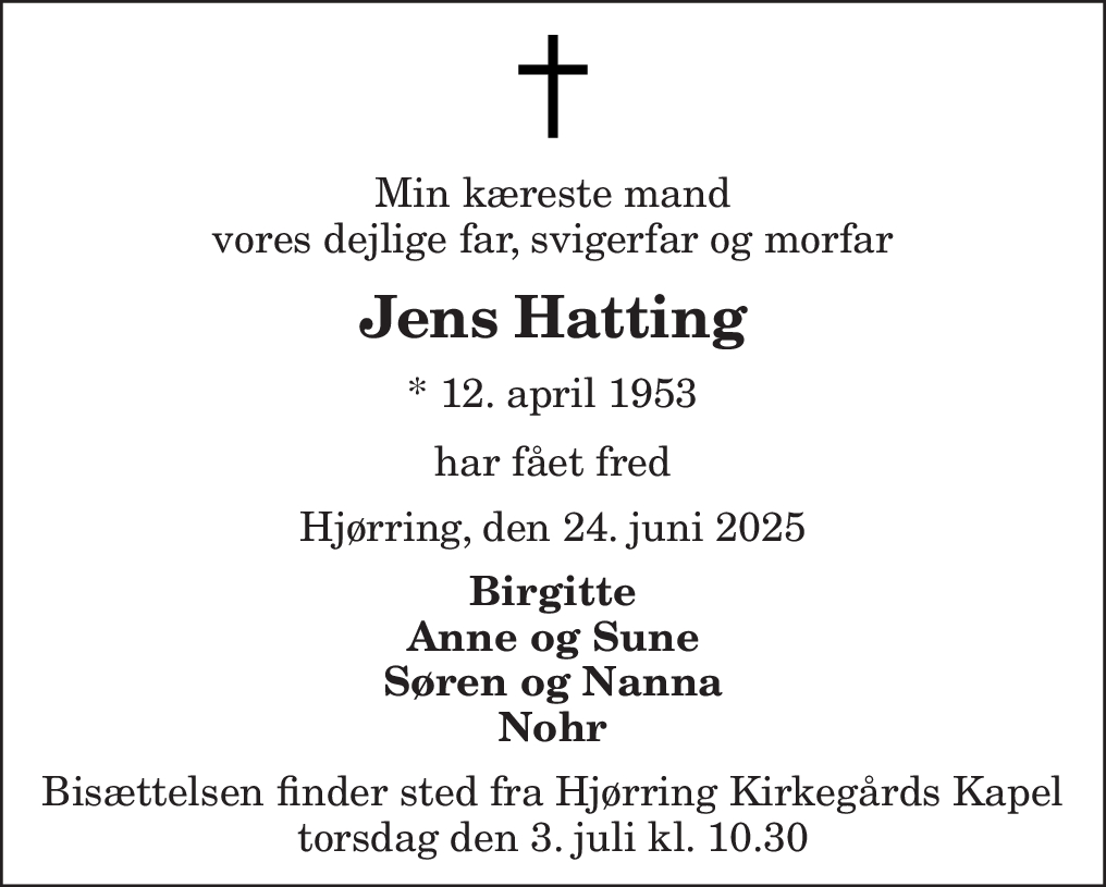 Dødsannonce for Jens Hatting | Nordjyske.dk