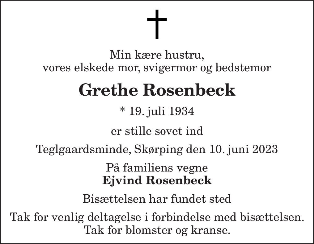 Dødsannonce for Grethe Rosenbeck | Nordjyske.dk