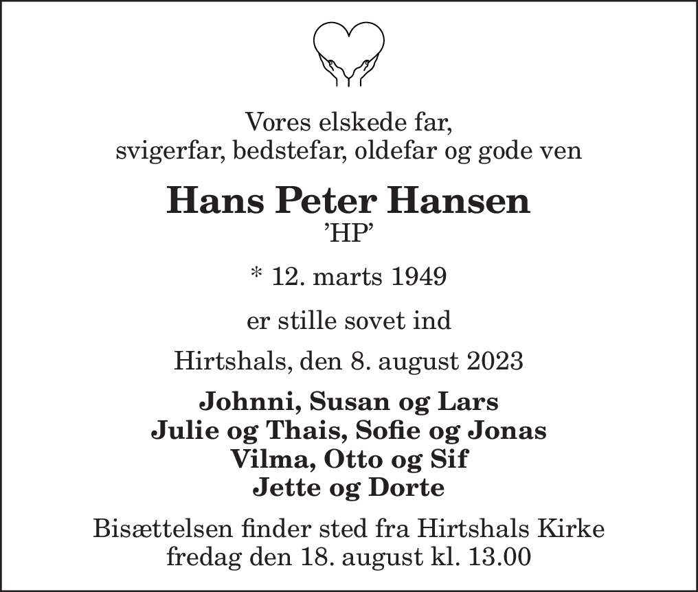 Dødsannonce for Hans Peter Hansen | Nordjyske.dk