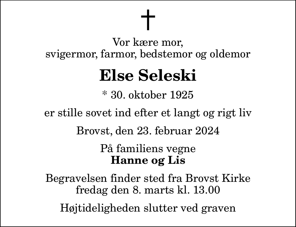 Dødsannonce for Else Seleski | Nordjyske.dk