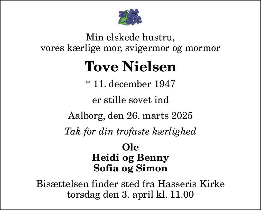 Dødsannonce for Tove Nielsen | Nordjyske.dk