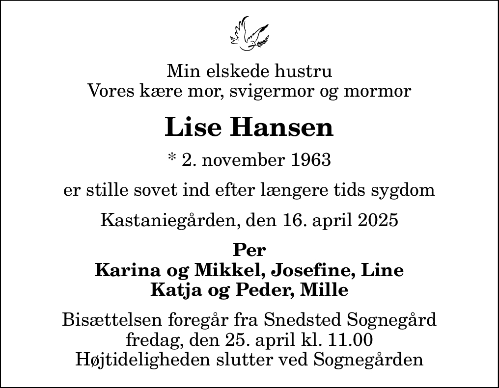 Dødsannonce for Lise Hansen | Nordjyske.dk