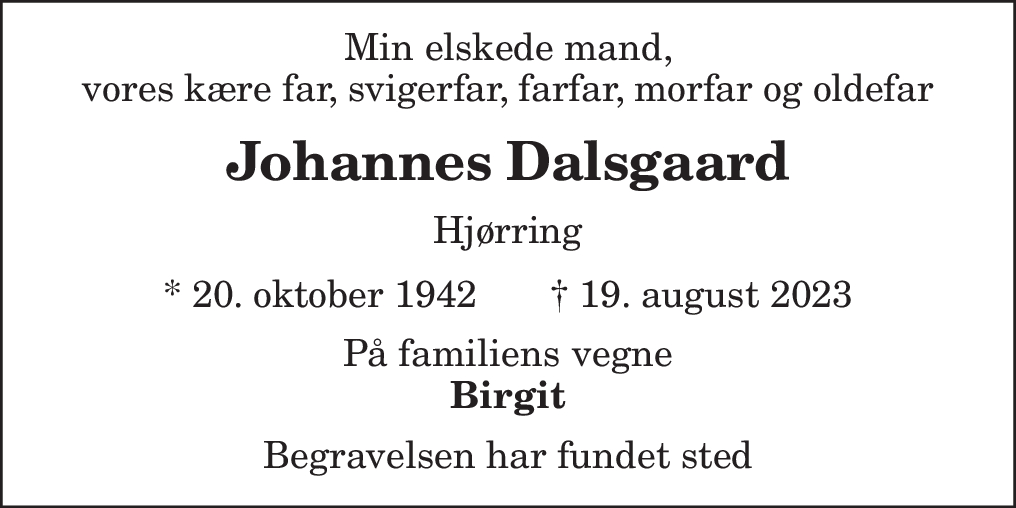 Dødsannonce for Johannes Dalsgaard | Nordjyske.dk