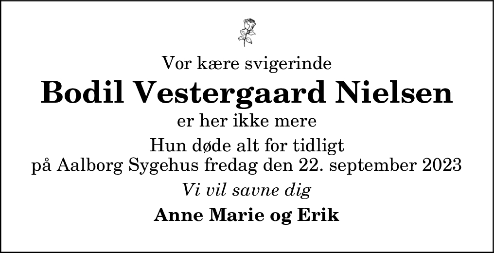 Dødsannonce for Bodil Vestergaard Nielsen | Nordjyske.dk