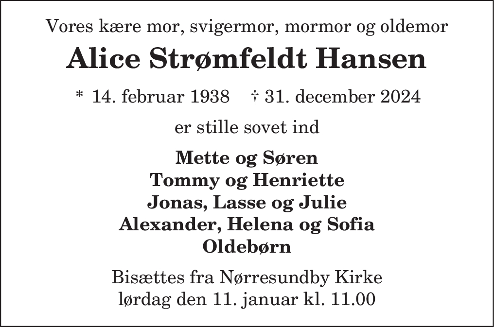 Dødsannonce for Alice Strømfeldt Hansen | Nordjyske.dk