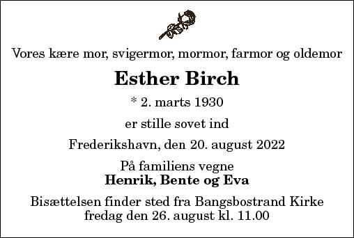Dødsannonce for Esther Birch | Nordjyske.dk