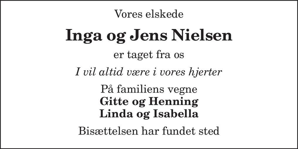 Dødsannonce for Inga og Jens Nielsen | Nordjyske.dk